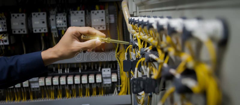 Electricians Hands Testing Current Electric in Control Panel Stock ...