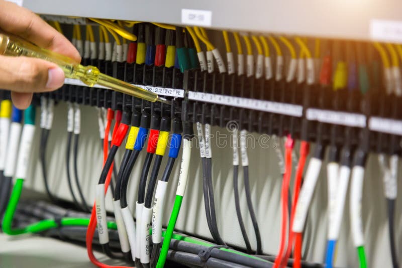 Electrician Engineer Work Tester Measuring Voltage and Current of Power ...