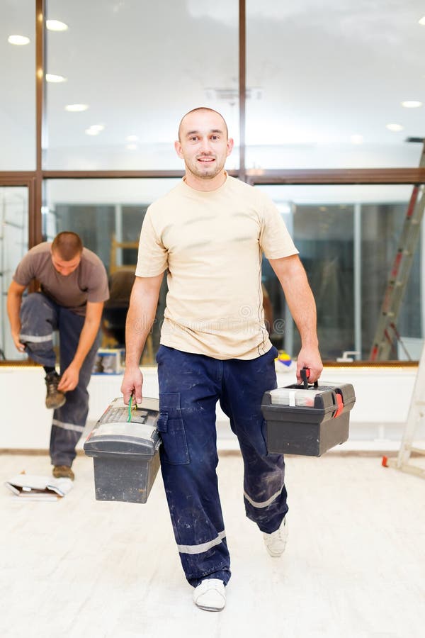 Electricians after Work with Tool Boxes Stock Image - Image of ...