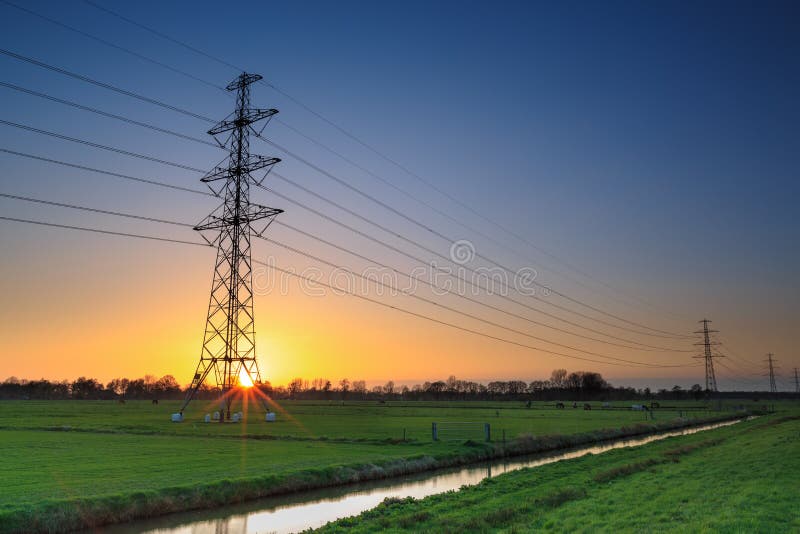 Electricity Cable in a Typical Dutch Landscape Stock Photo - Image of ...