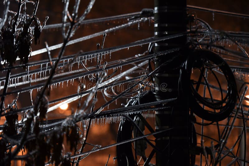 Electricity Cables Covered in Ice after Frozen Rain Stock Photo - Image ...