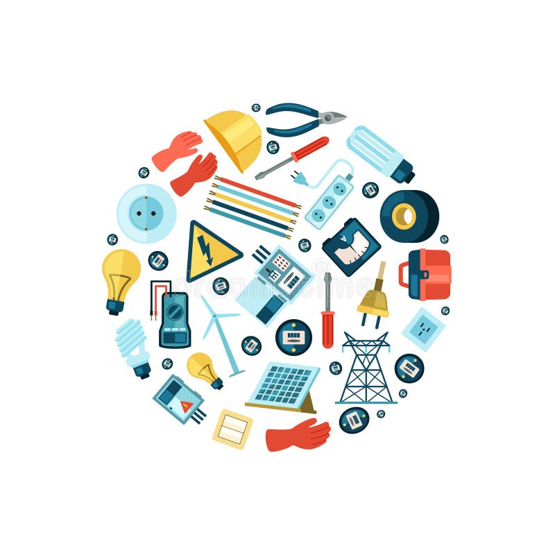 Electricity Circle. Electro Engine Mechanics, Battery Bulbs High ...