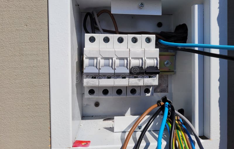 Electricity Distribution Box with Wires and Circuit Breakers Stock ...