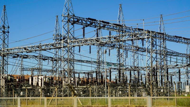 Electricity Distribution Facility with Power Lines Close Up View Stock ...