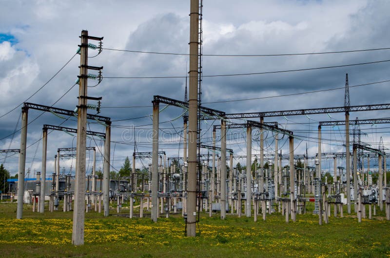 Electricity Distribution Station. Lots of Wires, Poles and Shields ...