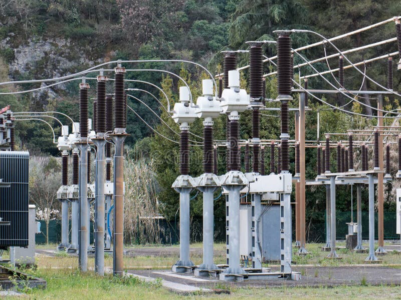 Electricity Distribution Station. Lots of Wires, Poles and Shields ...