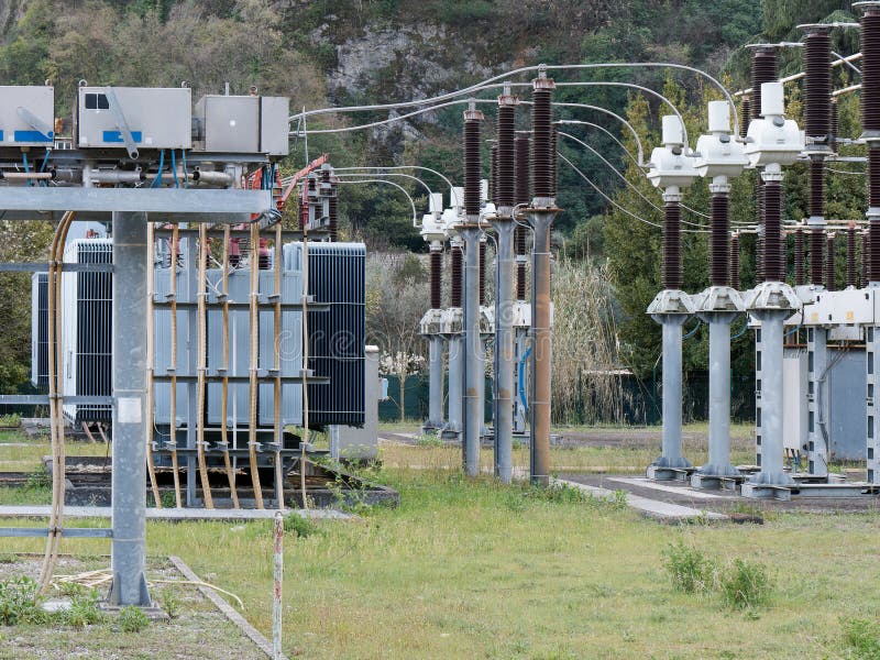 Electricity Distribution Station. Lots of Wires, Poles and Shields ...
