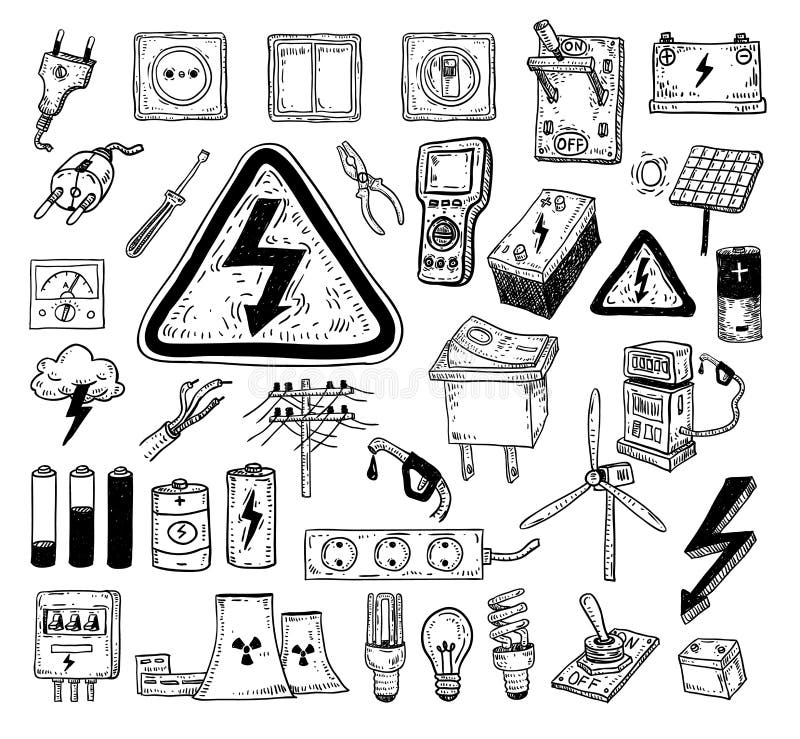 Electricity Doodle Icon Collection, Vector Illustration Stock Vector ...