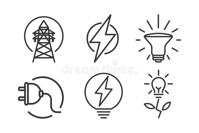 Electricity Icon Set. Outline Thin Line Illustrations Stock Vector ...