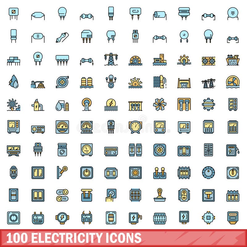 100 Electricity Icons Set, Color Line Style Stock Vector - Illustration of capacitor, isolated ...