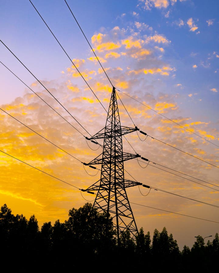 Giant Electricity Pole with Heavy Wires, Colorful Sky Stock Image ...