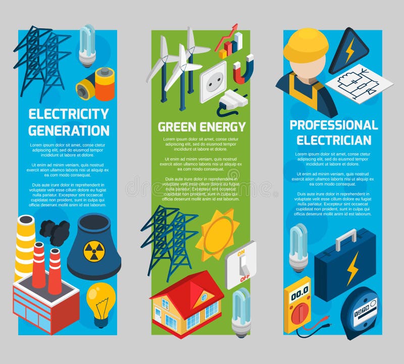Electricity Isometric Banner Set Stock Vector - Illustration of lamp ...