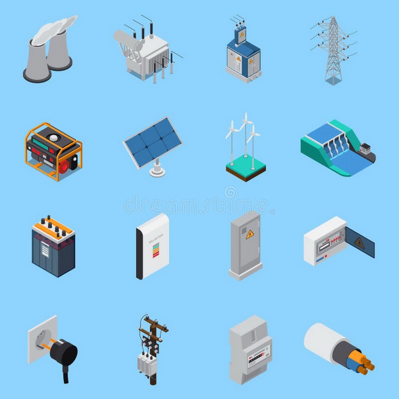 Electricity Isometric Icons Set with Cable Solar Panels Wind Hydro ...