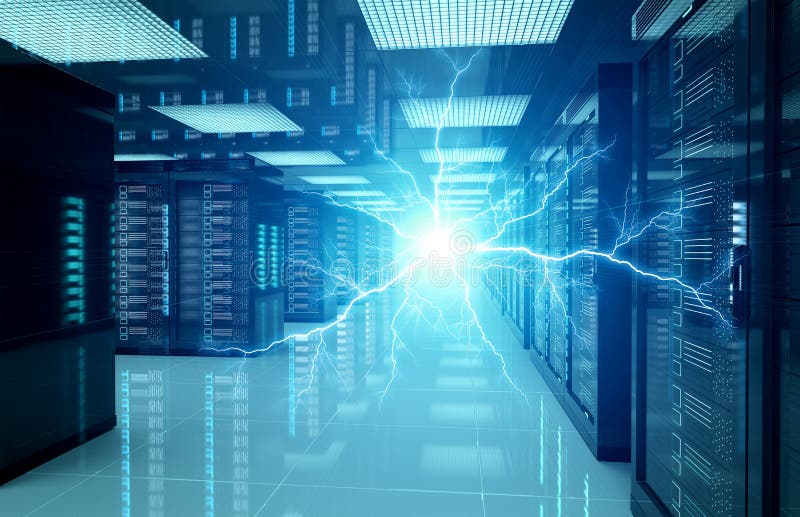 Electricity Lightning in Servers Data Center Room Storage Systems 3D ...