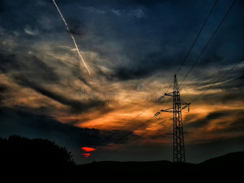 Electricity Lines at Dramatic Sunset Stock Photo - Image of cloudy ...