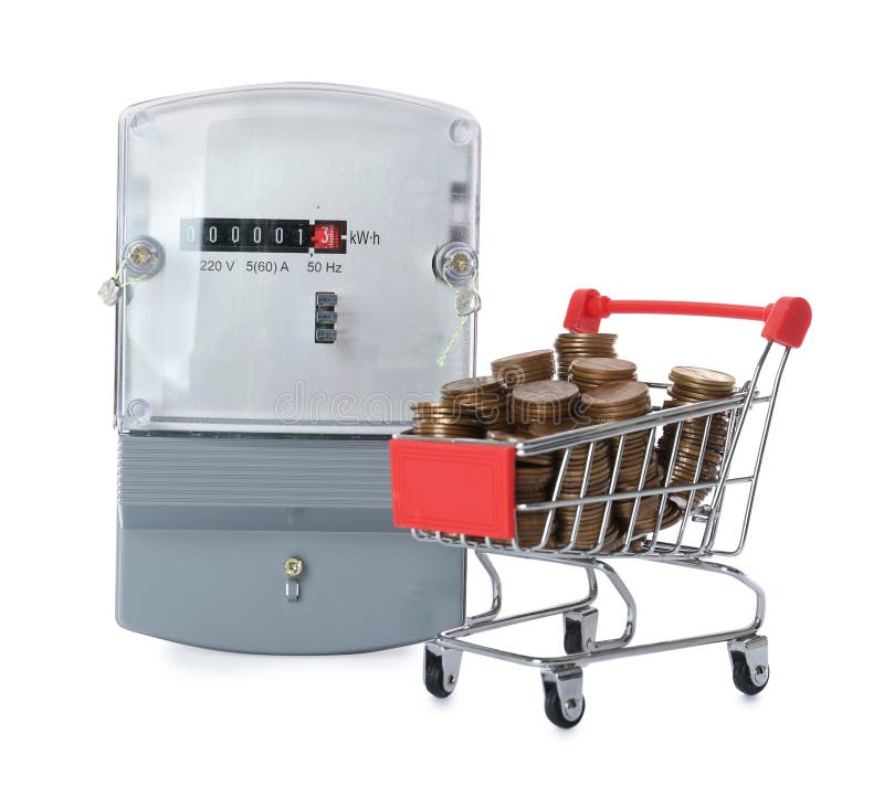 Electricity Meter and Small Shopping Cart with Coins on White ...