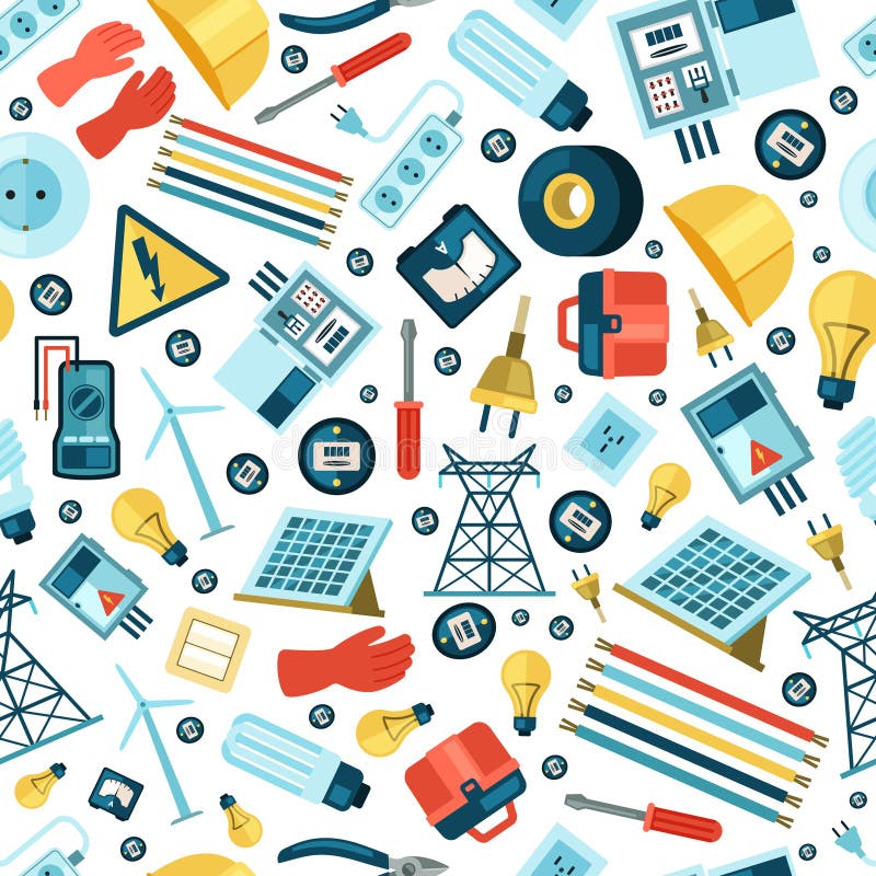 Electricity Pattern. Battery Bulbs High Voltage Cords Vector Seamless ...