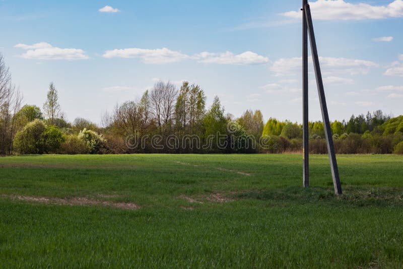 Electricity Pole in a Green Spring Field, Blue Cloudy Sky Stock Photo ...