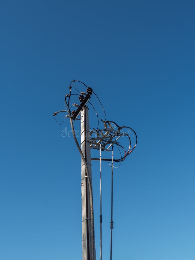 Electricity Pole with Wires Against Clear Blue Sky, Utility ...
