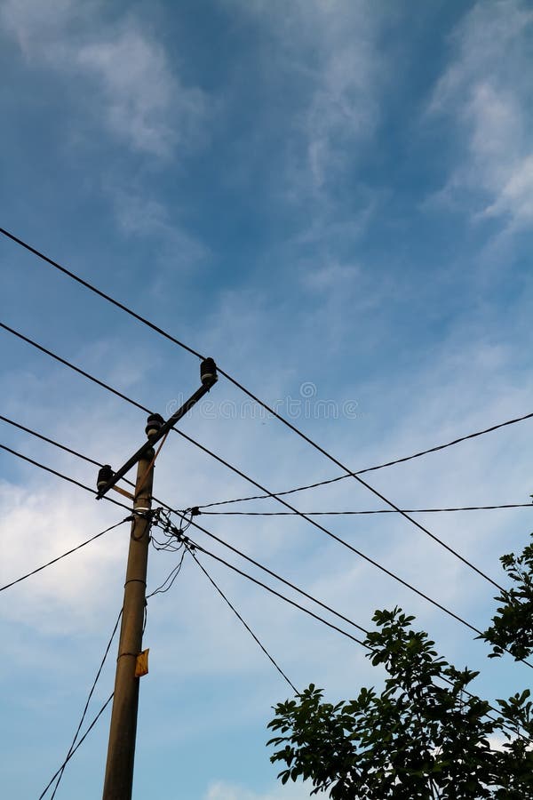 Electricity Post with Blue Sky and White Clouds Background Stock Image ...