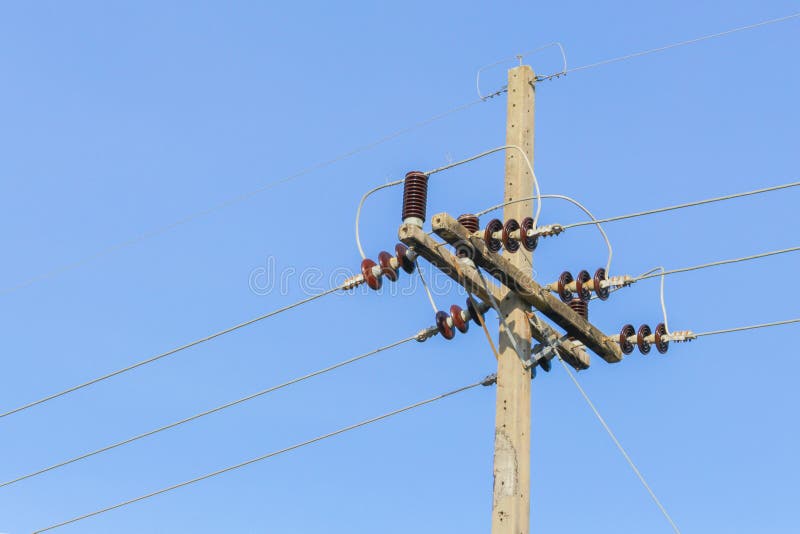 Electricity Post High Voltage Cable Lines Stock Photo - Image of mast ...