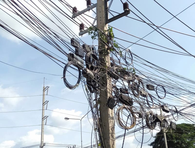 Electricity Post with Many Wires and Cables in the Countryside of ...