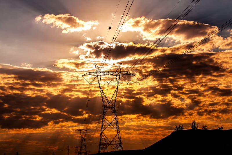 Power Distribution Station with Lightning Strike. Stock Photo - Image ...