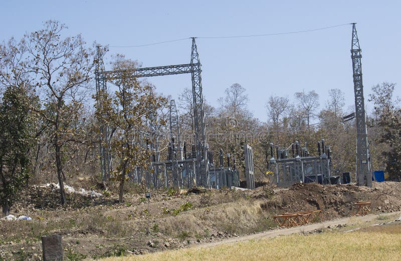 Electricity Power Grid Construction in the Forest Stock Image - Image ...