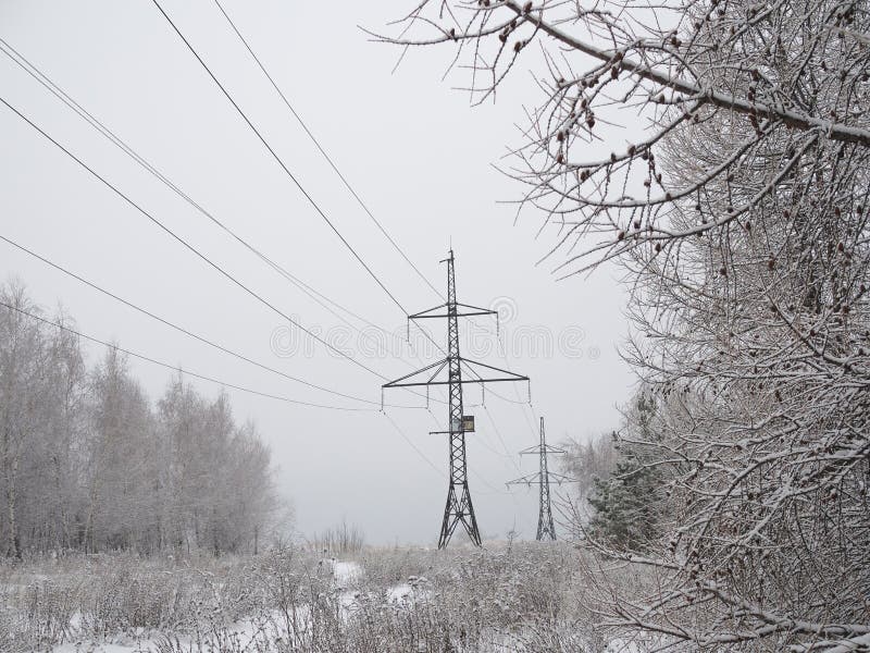Electricity Power Line with Frost Crystals in Winter Stock Image ...