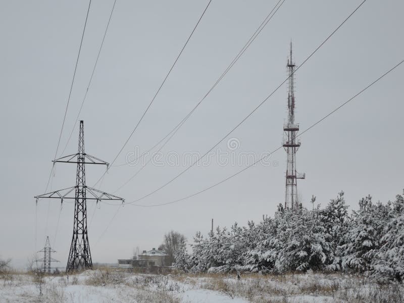 Electricity Power Line with Frost Crystals in Winter Stock Image ...