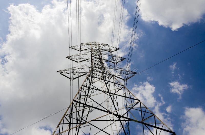 Electricity Power Line Tower with Clear Blue Sky Background Stock Image ...