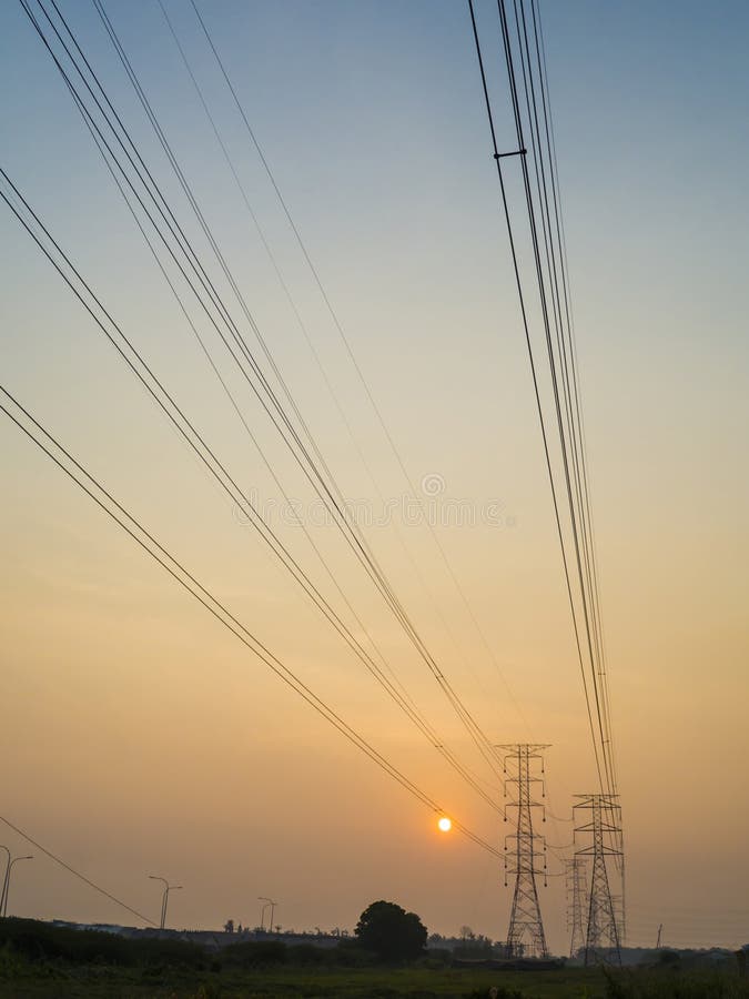 Electricity Power Lines and Pylons at Sunset. Stock Image - Image of ...