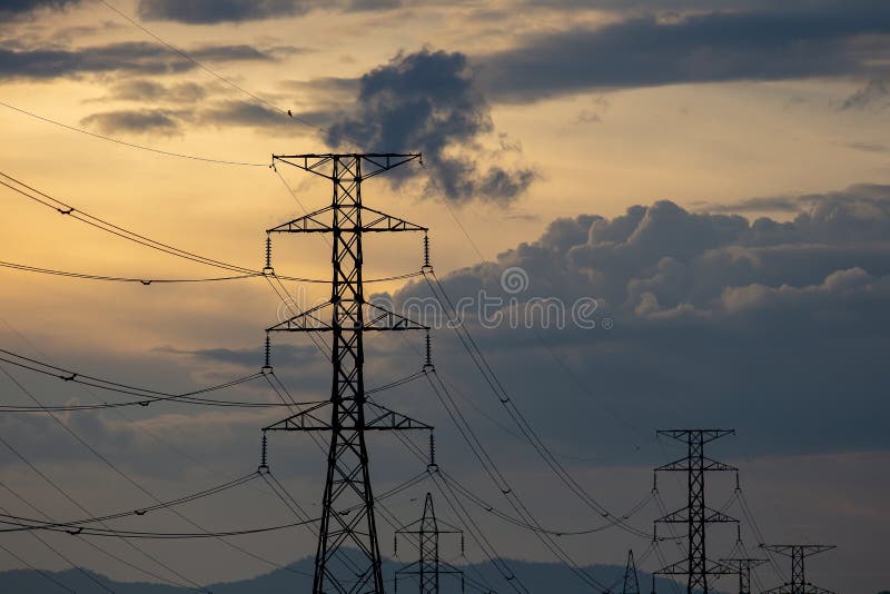 Electricity Power Lines at Sunset Stock Image - Image of technology ...