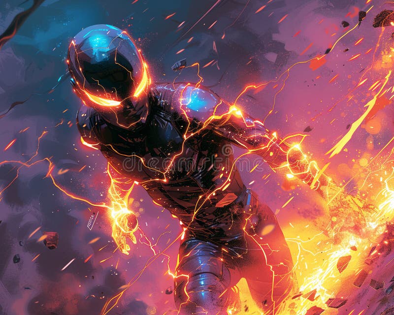 Electricity-powered Superhero, Illustrated with Dynamic Effects and ...