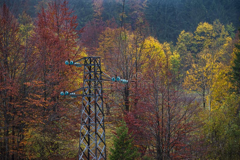 Electricity Pylon Inside the Forest in Autumn. Colorful Foliage in the ...