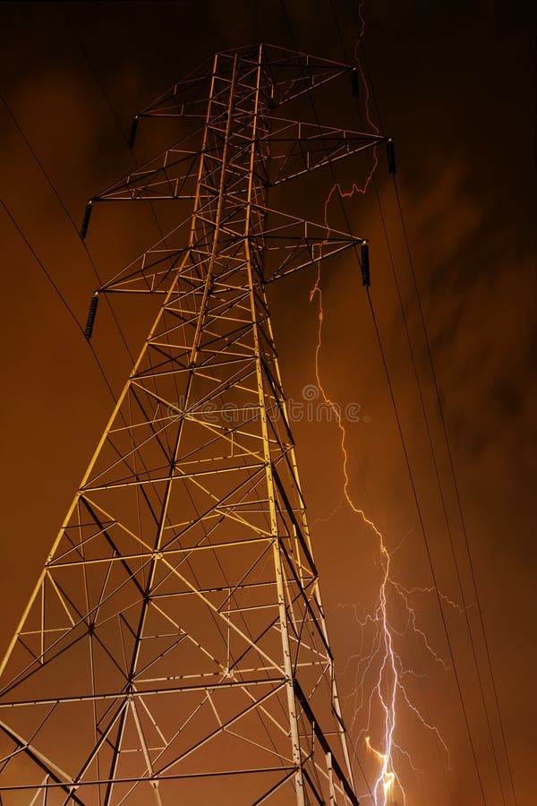 Electricity Pylon with Lightning in Background. Stock Photo - Image of ...