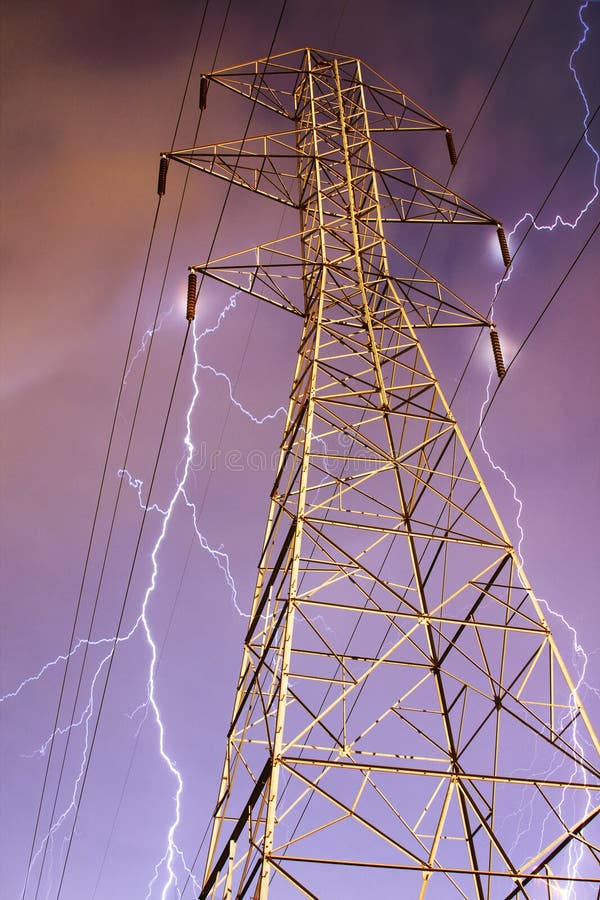 Electricity Pylon with Lightning in Background. Stock Photo - Image of ...