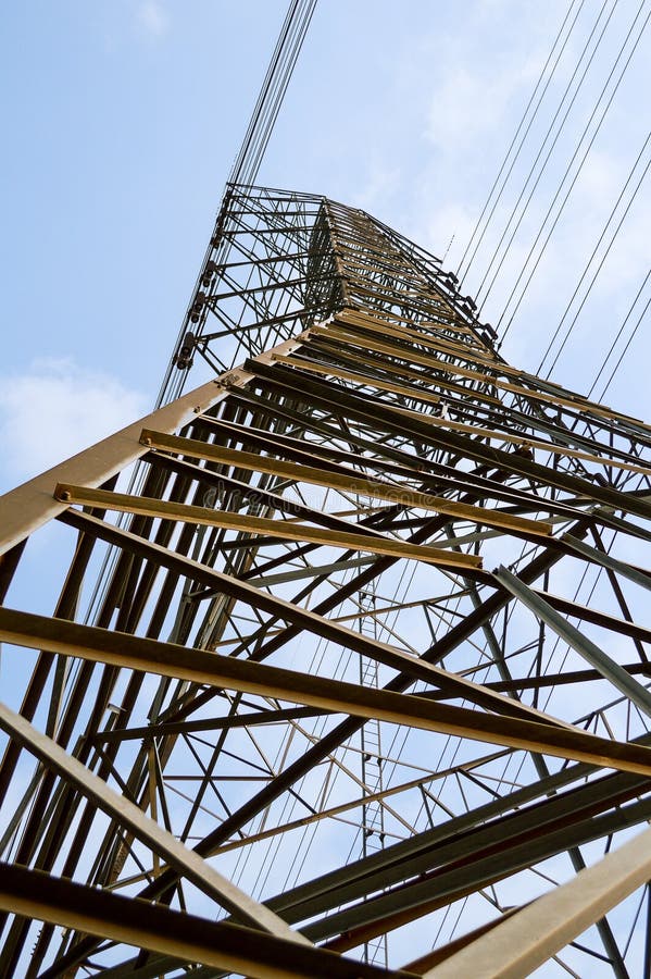 Electricity Pylons with Electrical Wires on Blue Sky Background Stock ...