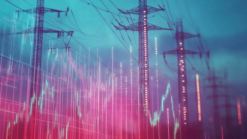 Electricity Pylons with Digital Data Visualization, Vibrant Colors ...