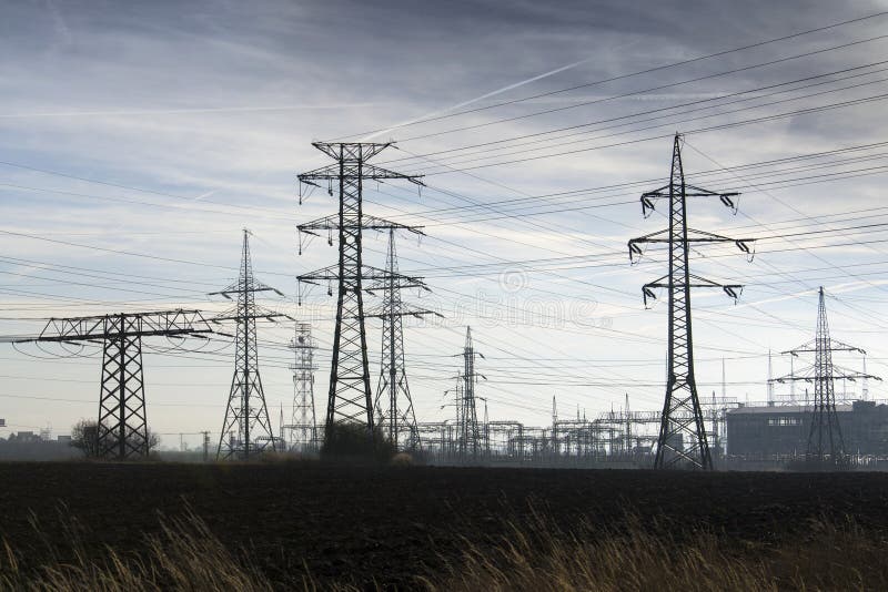Electricity Pylons with Distribution Power Station Blue Cloudy Sky ...