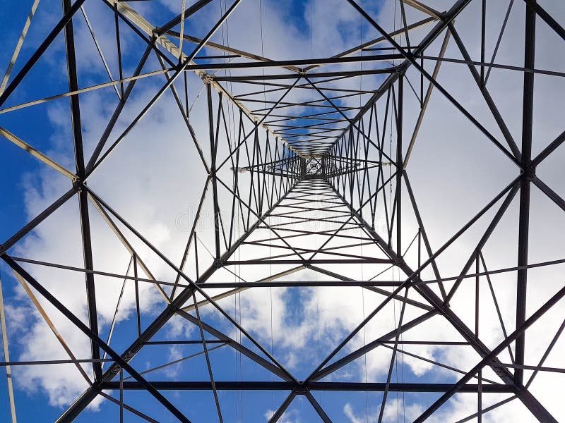 Electricity Pylons Down To the Top View Cords Blue Sky Clouds ...
