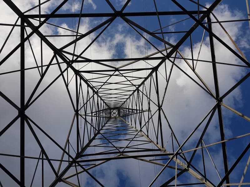 Electricity Pylons Down To the Top View Cords Blue Sky Clouds ...