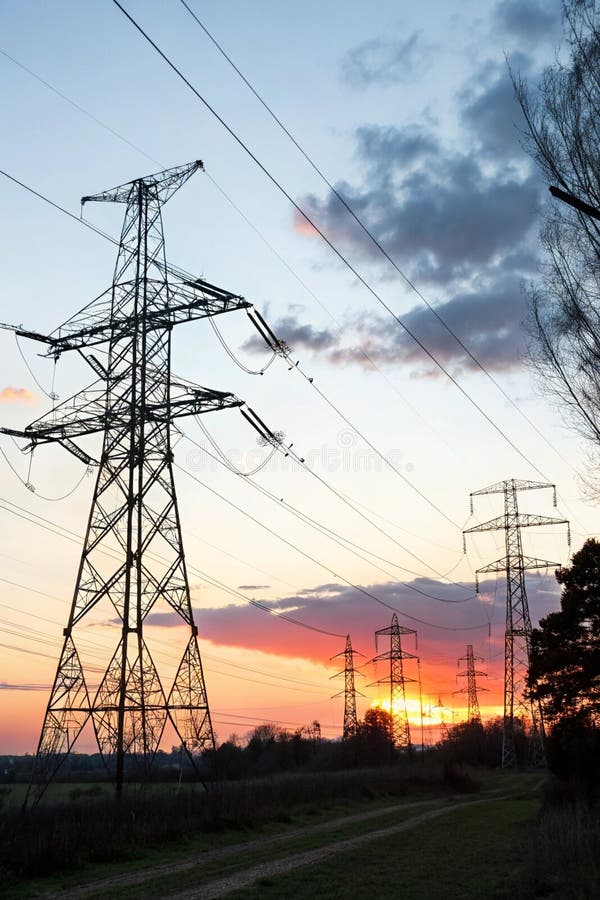Electricity Pylons at Dusk stock illustration. Illustration of ...