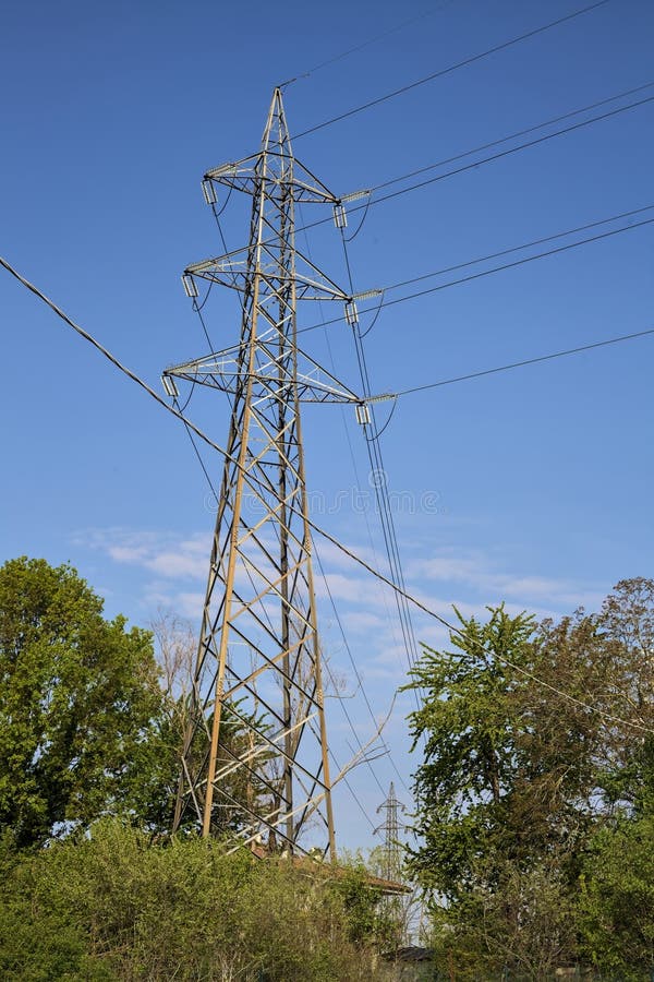 Electricity Pylons Framed by Trees with the Sky As Background Stock ...