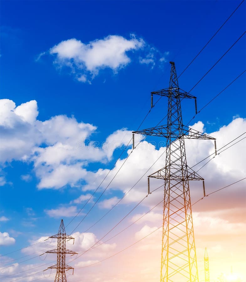 Electricity Pylons with Long Cable at Day. Stock Photo - Image of high ...