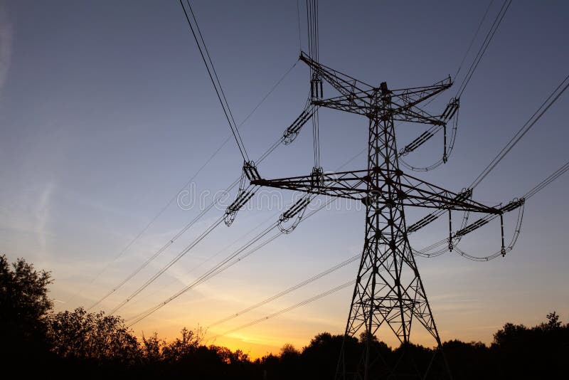 Electric Power Transmission Lines at Sunset Stock Image - Image of ...