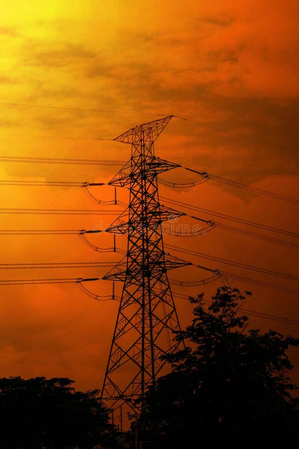 Electricity Pylons at Sunset. Power and Energy Stock Photo - Image of ...