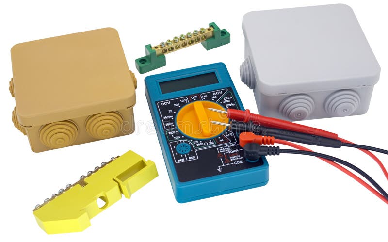 Electricity Terminal Strips, Cutting Box and Digital Multimeter Stock ...