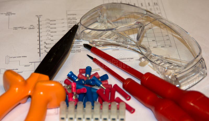 Electricity Tools and Equipment on Schematic Drawing Stock Photo ...