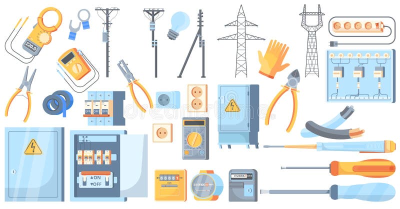 Electricity Tools and Equipment Set Stock Vector - Illustration of ...
